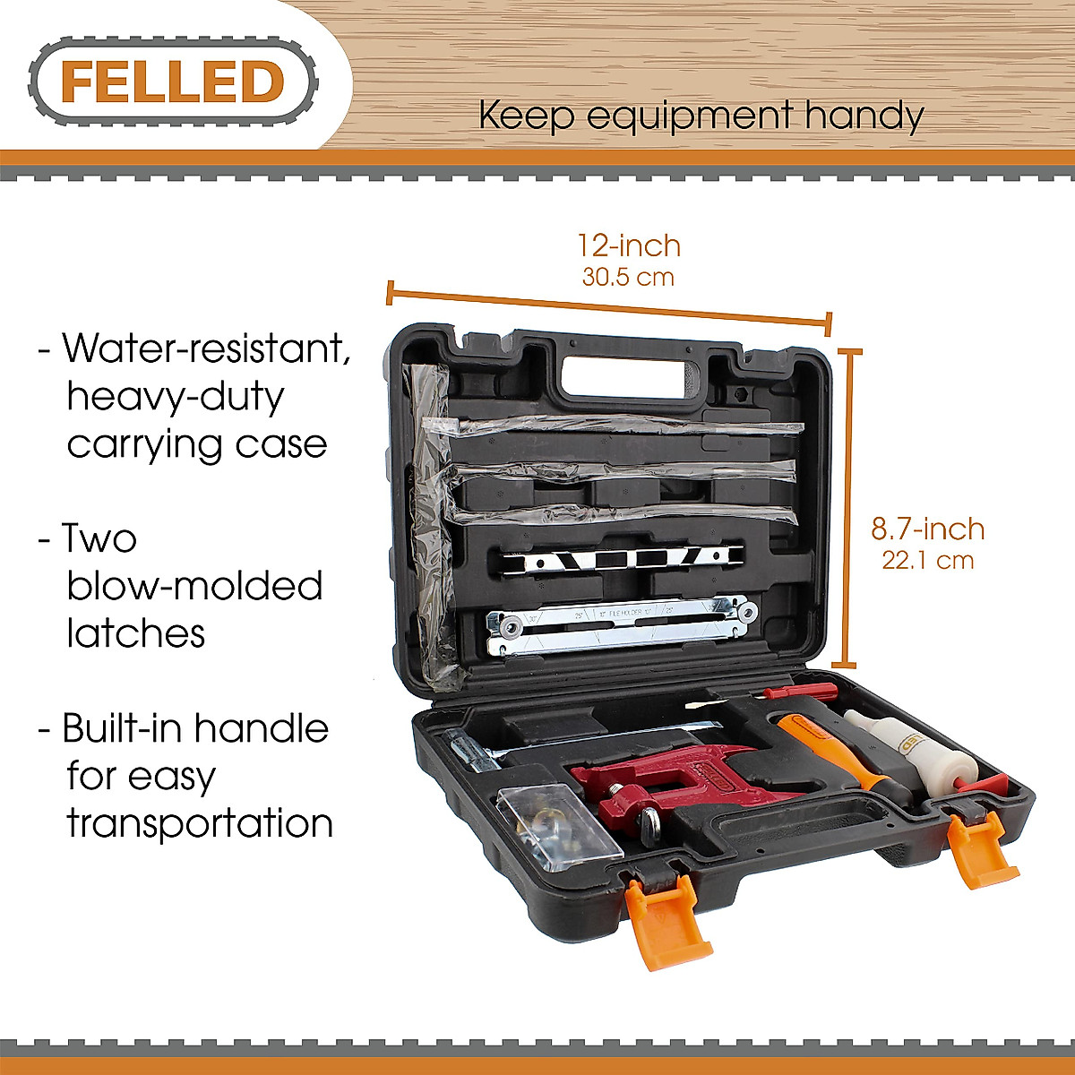 Felled Chainsaw Sharpening Kit in Hard Carrying Case - File Set, Guide, Depth Gauge, Stump Filing Vise, Grease Gun