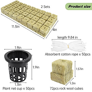 72 sets Rockwool Cubes for Hydroponics with Net Pots, 1in Rock Wool Planting Cubes 72 Plugs & 50 Net Cups 1.5 inch Hydroponic & 50 Article Self Watering Cotton Wick Cord for Hydroponics Supplies