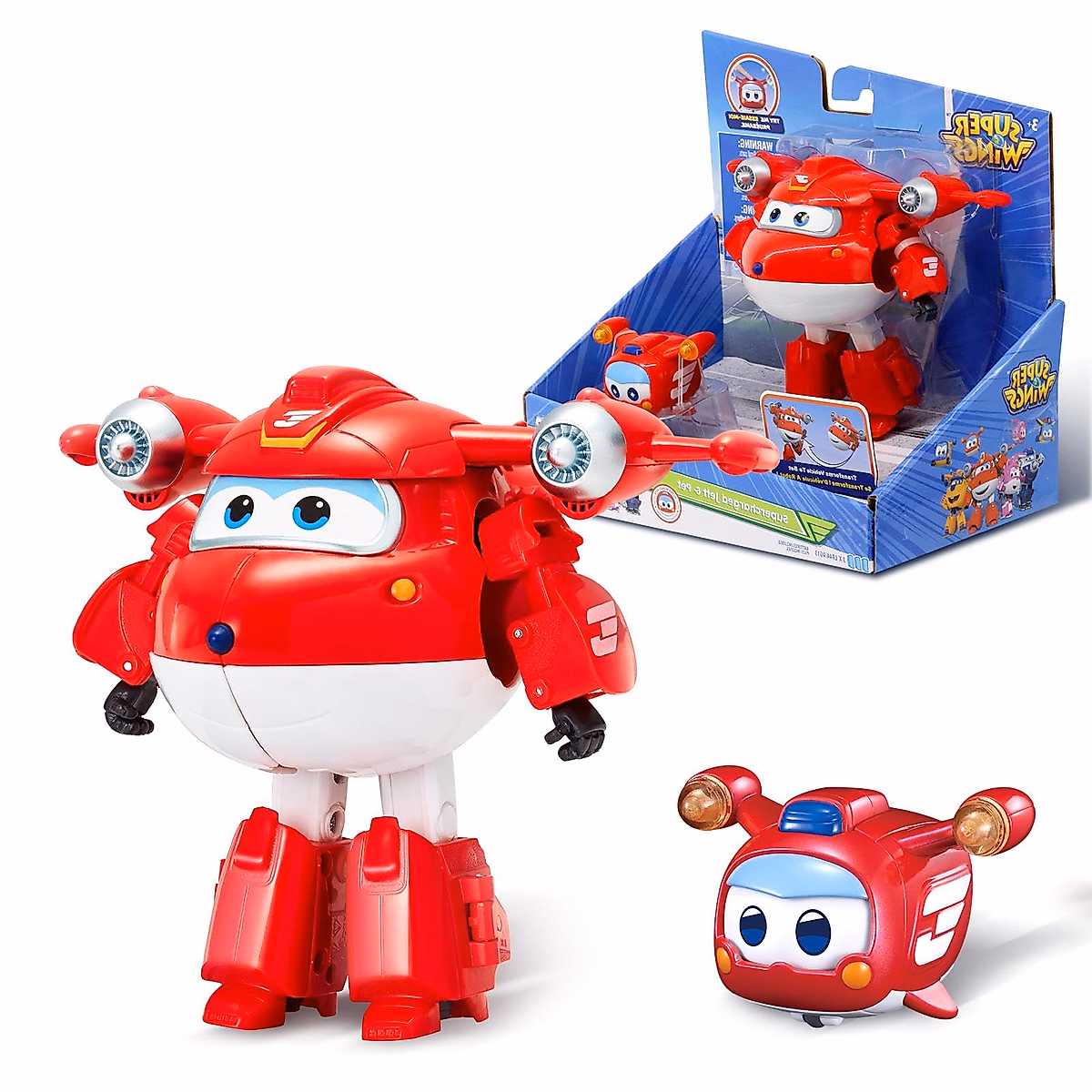 Super Wings - 5" Transforming 2-Pack Supercharged Jett & Super Pet Jett Airplane Toys | New from Season 5 | Airplane to Robot | Preschool Birthday Gifts for 3 4 5 Year Old Kids | with Light Effect