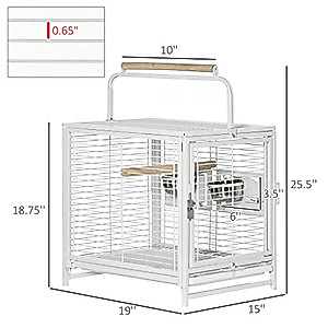 PawHut 19" Travel Bird Cage Parrot Carrier with Handle Wooden Perch for Cockatiels, Conures, White