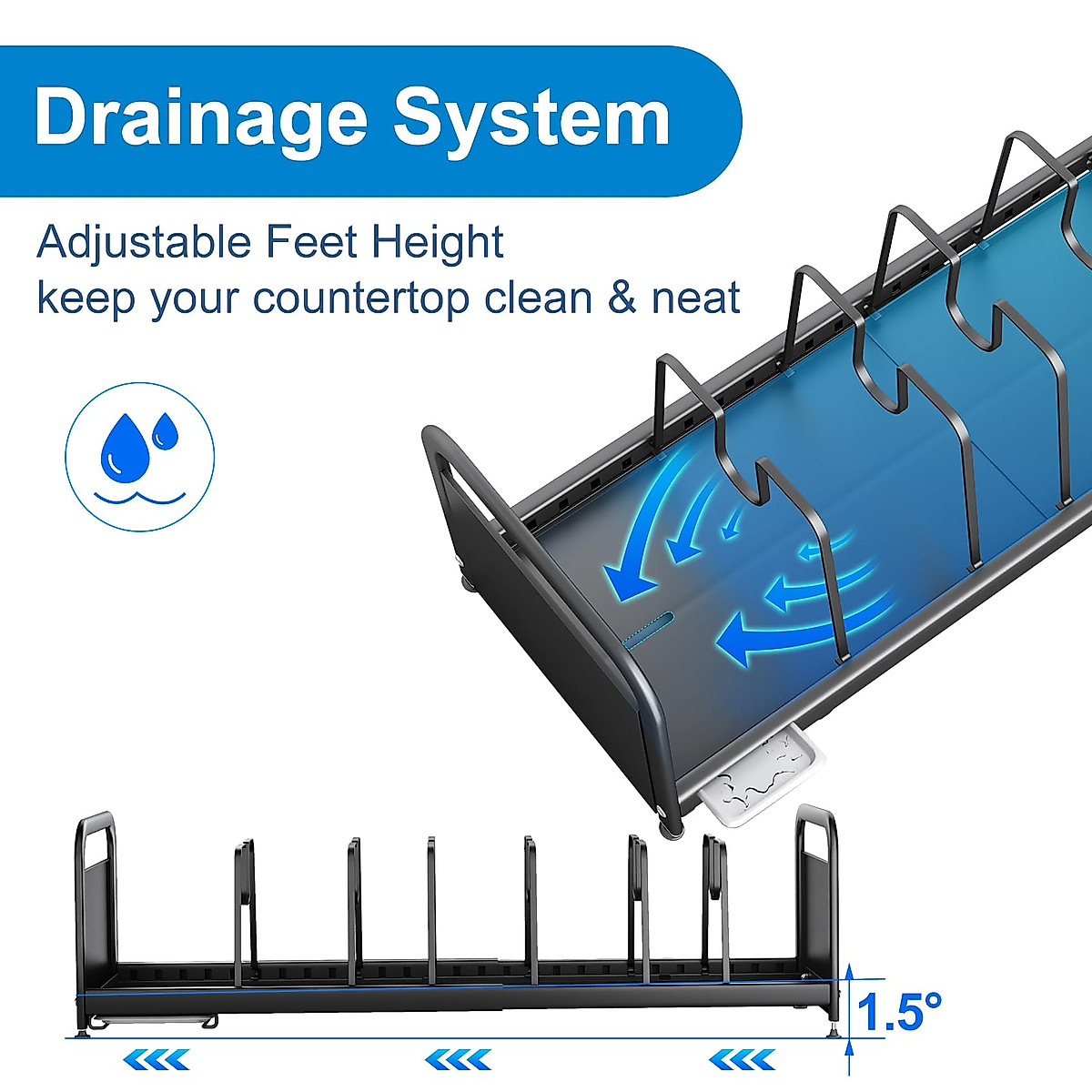 Pots and Pans Organizer, Expandable Pot and Pan Organizer for Cabinet with Drain Board,Heavy Duty Plate Pot Lid Organizer Rack Holder for Countertops, Kitchen Pantry Cookware Organizer and Storage
