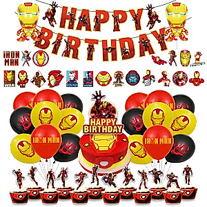 86 Pcs Birthday Party Decorations, Birthday Party Supplies For Iron Man Includes The Iron Man Inspired Happy Birthday Banner - Cake Topper - 12 Cupcake Toppers - 20 Balloons - 52 Sticker