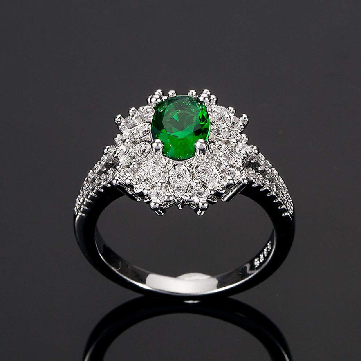 GUIDECUN Silver Plated Oval Cut Created Emerald May Birthstone Ring with Shining White Cubic Zirconia Simulated Diamond Halo (US size 10)