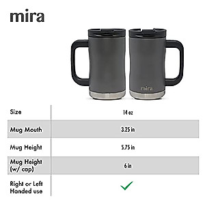 MIRA Vacuum Insulated Coffee Mug with Handle, 14oz Stainless Steel Tea Coffee Travel Mug, Double Wall Reusable thermal Coffee Cup with Lid, Slate Gray