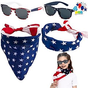 JOYIN 4 Pcs 4th of July Bandanas and Sunglasses, American Flag Bandana Patriotic Sunglasses for Men & Women, USA Bandana for July 4th Celebration, Independence Day, Memorial Day Party Accessories