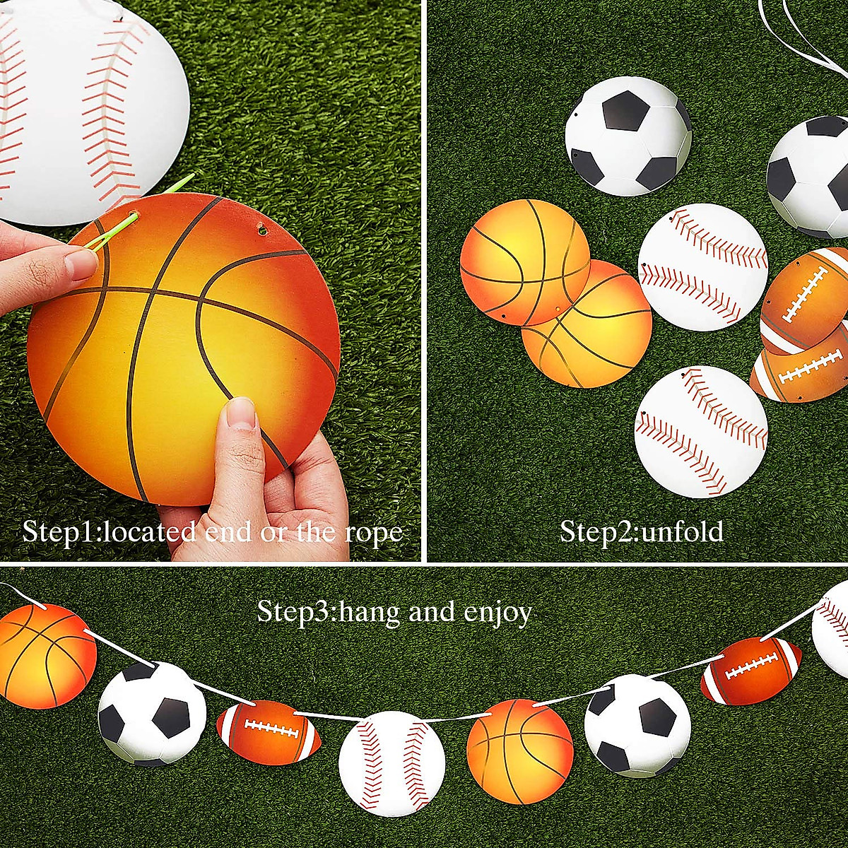 Outus 4 Pieces Sports Theme Banner Sports Bunting Hanging Banners Basketball Football Baseball Soccer Paper Garland for Birthday Baby Shower Sports Theme Party Decorations