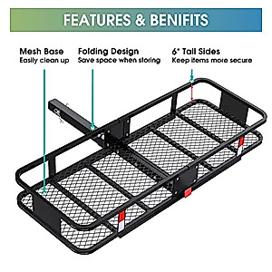 KAIZONPOT 60" x 24" x 6" Trailer Hitch Cargo Carrier Hitch Mount Folding Vehicle Cargo Basket 550lb Capacity Hitch Cargo Racks for Car
