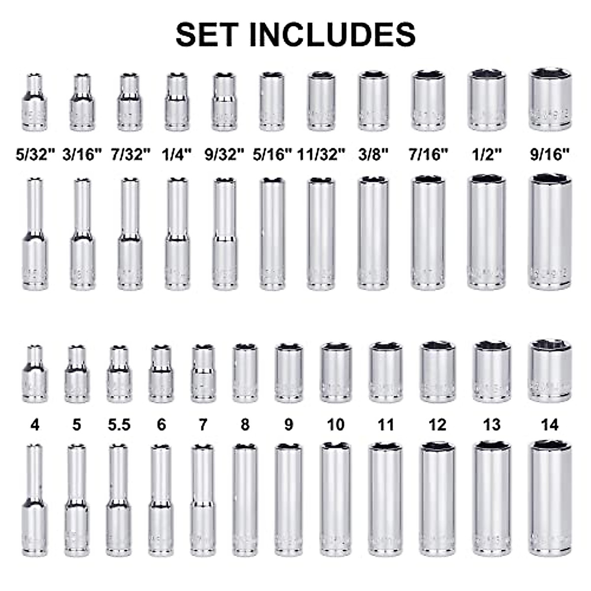 Mayouko 62 Pieces 1/4 Inch Drive Socket Set, SAE/Metric, 1/4" Dr. Socket Set with Ratchet and Adapters, 5/32-Inch - 9/16-Inch, 4mm - 14 mm