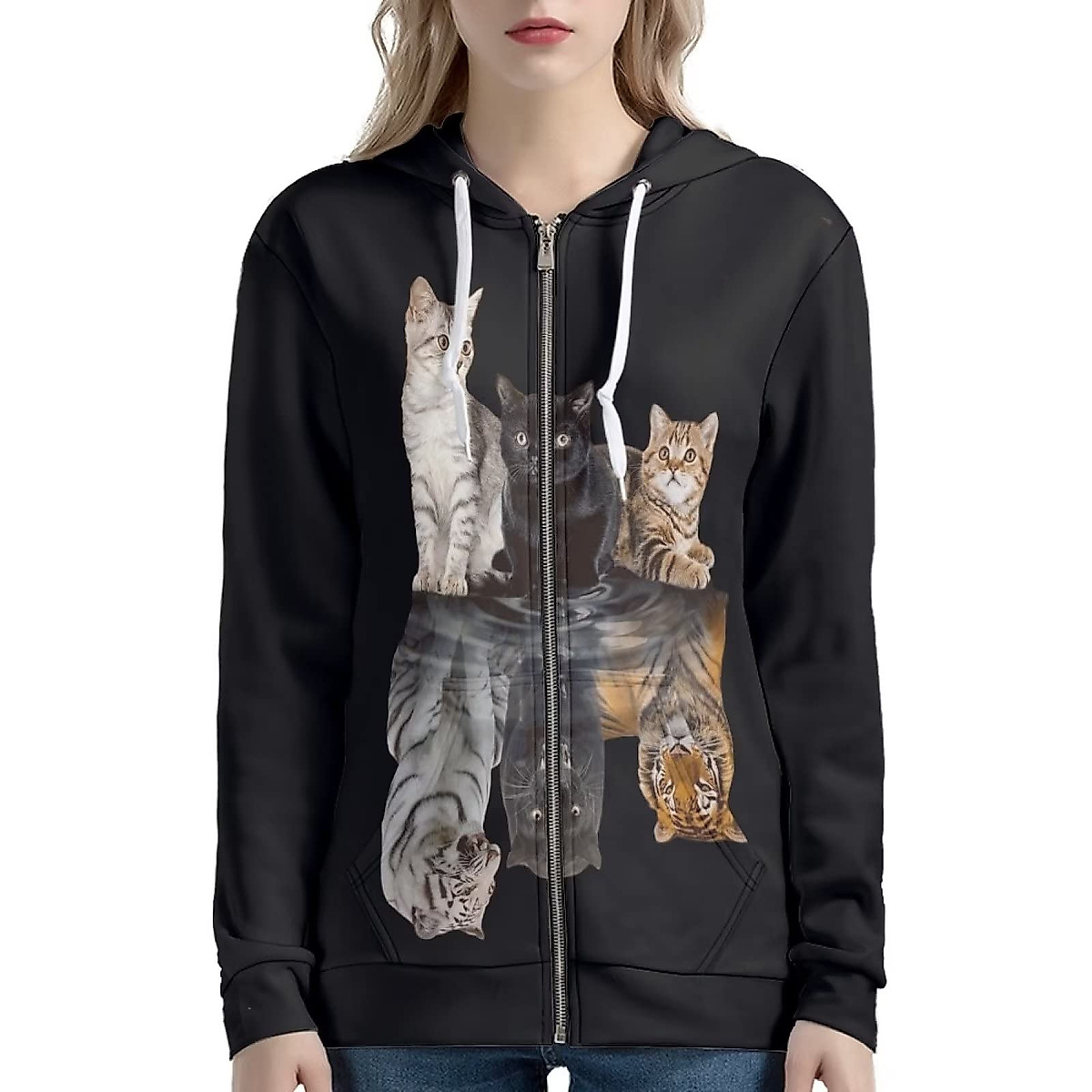 WELLFLYHOM Cat Reflection Tiger Cute E-Girl Hoodie Women Y2K Sweatshirt Zip Up Cardigan Jackets Casual Long Sleeve Shirt Oversize Pullover Hoodies Fall Clothes for Girls Street-wear WELLFLYHOM-P16