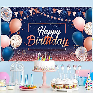 Happy Birthday Decorations Backdrop, Glitter Birthday Backdrop Sign, Happy Birthday Banner, Birthday Party Supplies Photo Background for Children Men Women, 72.8 x 43.3 Inch (Rose Gold and Navy Blue)
