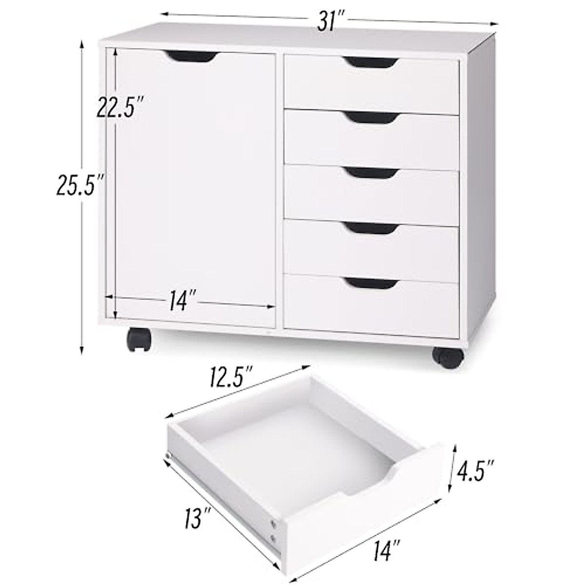 Rotihom 5 Drawer File Cabinet, Wood Mobile Lateral File Cabinet for Home Office Bedroom, 31 Inch Printer Stand with Storage on Wheels, Mobile Office Shelf with 2-Compartment Cabinet (White)