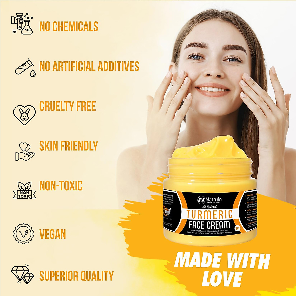Turmeric Cream for Face & Body - All Natural Turmeric Cream Skin Brightening Lotion - Turmeric Cream Cleanses Skin, Fights Acne, Evens Tone - Pure Handcrafted Skincare Made in the USA 2 Oz