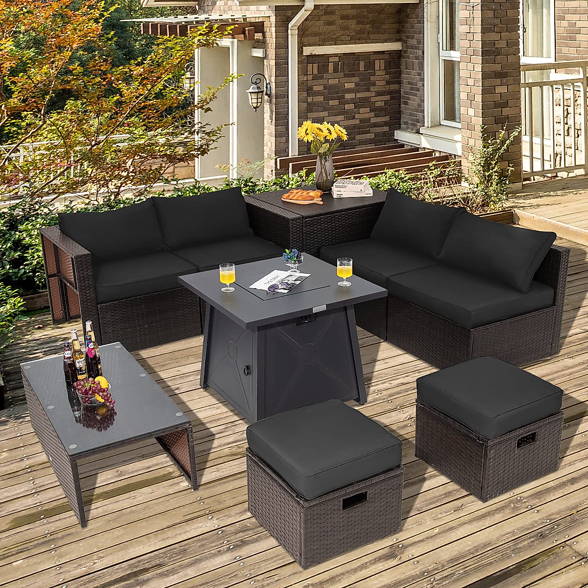 Tangkula 9 Pieces Patio Furniture Set with 30” Propane Fire Pit Table, Outdoor PE Wicker Sectional Sofa Set with Storage Box, 50,000 BTU Gas Fire Pit Table with 2 Protective Covers (Black)