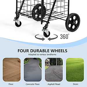 MARSTAR Folding Shopping Cart w/Rolling Swivel Wheels, Utility Cart for Groceries Laundry Transport Stair Climber, Double Basket, Adjustable Handle, Portable Grocery Cart, Light Weight, Save Space