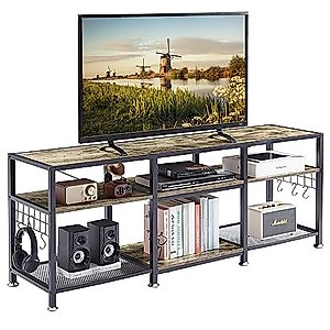 VECELO TV Stand for Televisions up to 65 Inch, Industrial Entertainment Center with 3-Tier Open Storage Shelves& Hooks for Living, Bedroom and Gaming Room, 55 Inch, Grey
