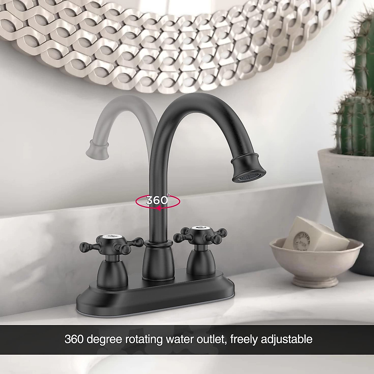 Bathroom Faucet 3 Hole, GOWIN Bathroom Faucet Matte Black,Bathroom Faucets for Sink 3 Hole,Bathroom Sink Faucet,4 Inch 2- Handle Sink Faucet with 360 Swivel Gooseneck,Drain Assembly