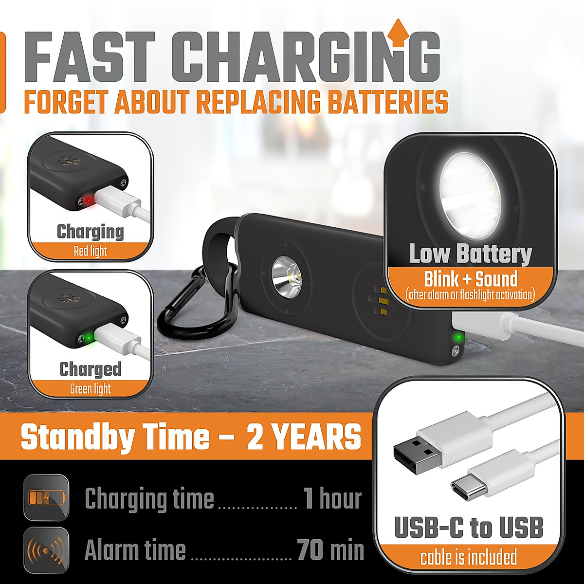 Personal Safety Alarm Keychain for Women Protection – USB Rechargeable 130 dB Self Defense Siren Panic Key Chain with Light and Low Battery Notice by WETEN (Black)