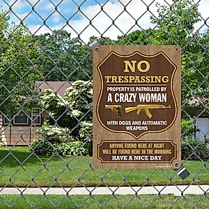 SmartSign 14 x 10 inch “No Trespassing Property Is Patrolled By A Crazy Woman” Funny No Trespassing Sign with Gun Graphic, 40 mil Laminated Rustproof Aluminum, Multicolor, Made in USA