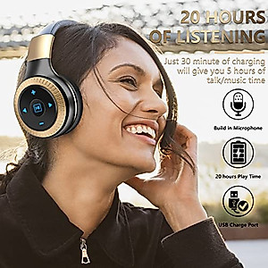 WESADN Active Noise Cancelling Headphones Bluetooth Headphones Wireless Wired Over Ear Headphones with Microphone Foldable Gaming Headset Stereo Bass 20H Playtime for Laptop Smartphone Tablet TV Gold