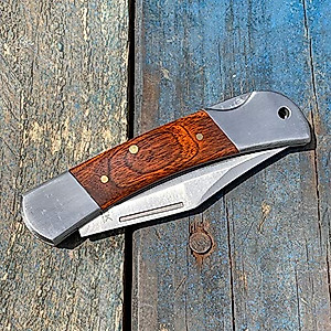 Rtek 3.75" Spanish Brown Wood Handle Pocket Knife, Lockback Traditional Folding Knife for Outdoor, Survival, EDC, Camping, and Every Day Carry, Gifts for Men
