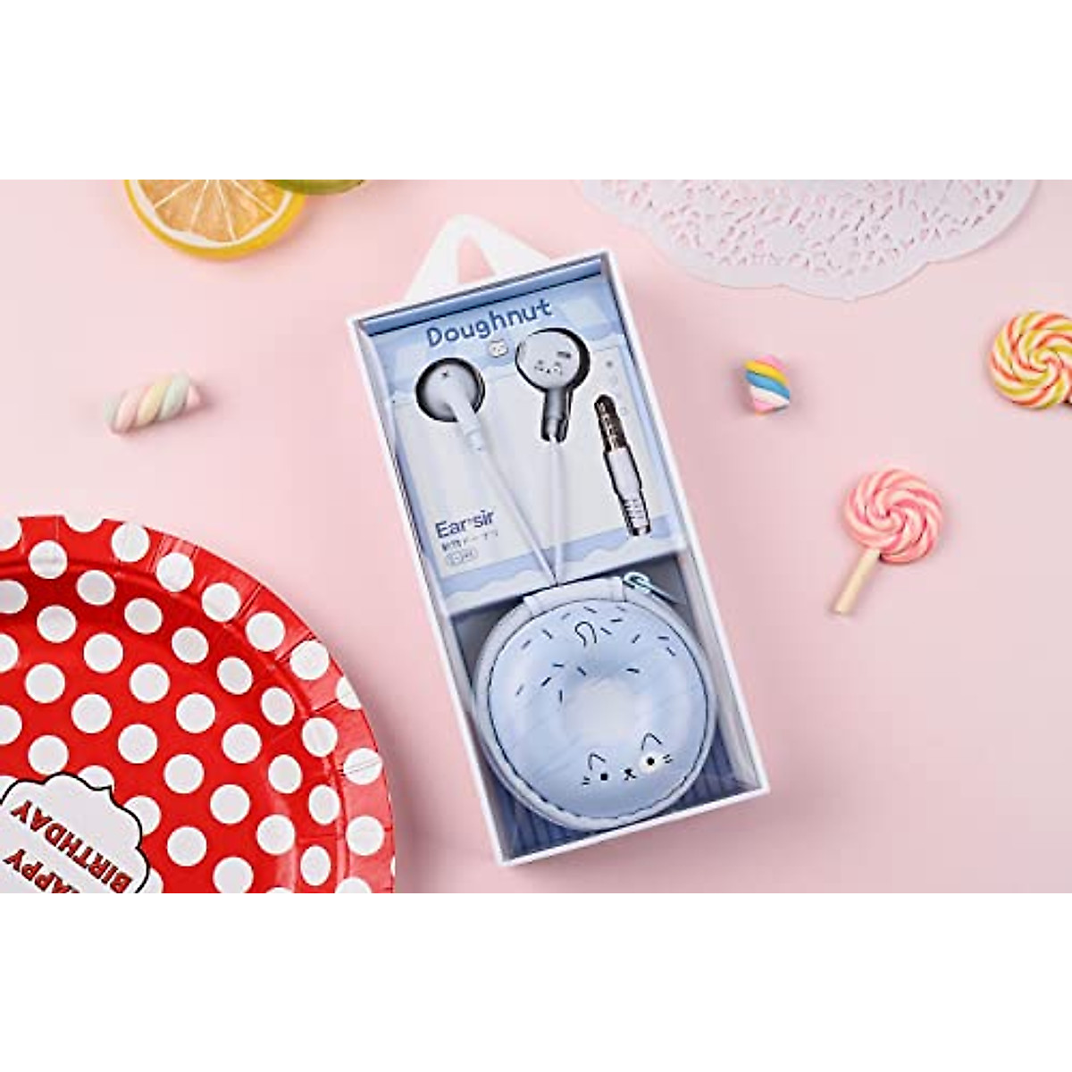 QearFun Donut Earbuds for Kids, Cute Earbud & in-Ear Headphones Wired Gift for School Girls and Boys with Microphone and Lovely Earphones Storage Case Blue