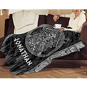 Personalized Custom Name Viking Odin The Northern God Celtic Raven Scandinavian Norse Runes Helmet Sign Birthday Christmas Fleece Sherpa Blanket Bed Throw Size Tapestry Wall Hanging (Version 3)
