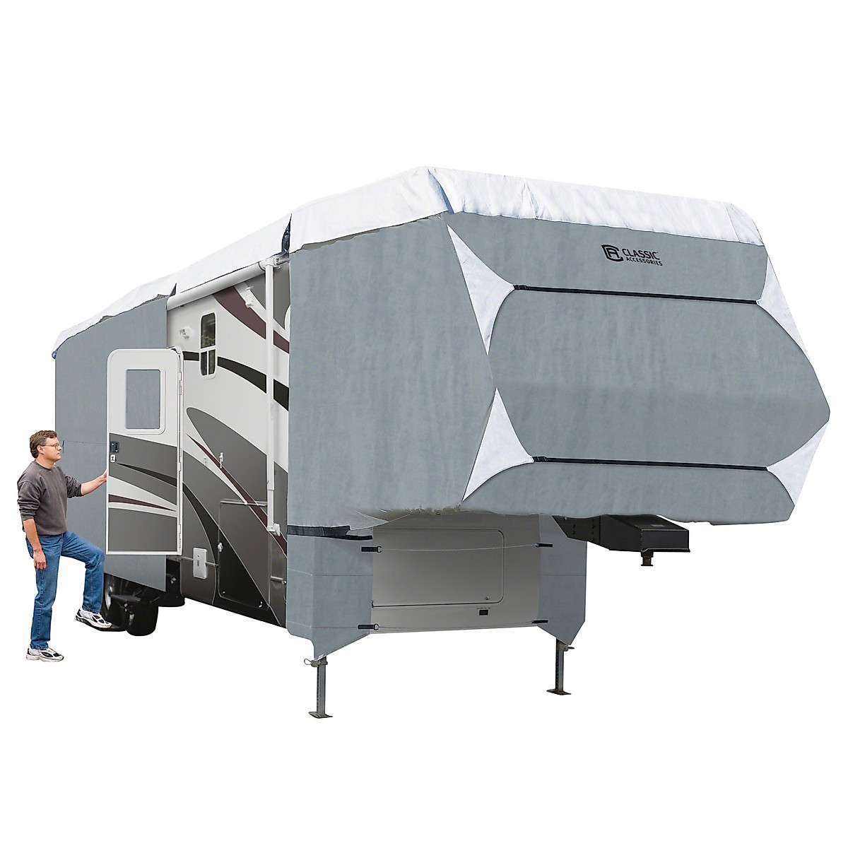 Classic Accessories Over Drive PolyPRO3 Deluxe 5th Wheel Cover or Toy Hauler Cover, Fits 23' - 26' RVs, Universal Camper Cover, Grey/Snow White