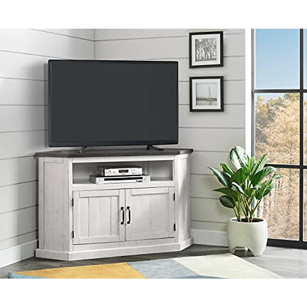 Martin Svensson Home Rustic Solid Wood Corner TV Stand, White Stain with Grey Stain Top