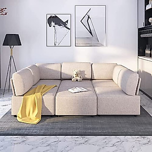 Mjkone Modular Sectional Sofa Set Convertible 6 Seat Linen Fabric L Shaped Sofa with Chaise Lounge U Shaped Couch with Ottoman Sleeper Sofa Bed Beige Sectional Couches for Living Room Small Space