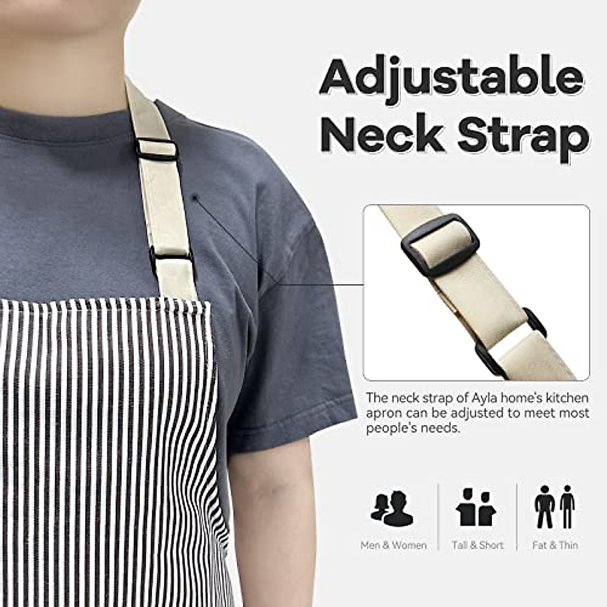 Ayla home 2 Pcs Aprons for Women with Pockets, Adjustable Neck Strap, Polycotton Chef Aprons for Men, for Kitchen Cooking Restaurant BBQ Painting Crafting (Black Broad Stripes/Brown Pinstripes)