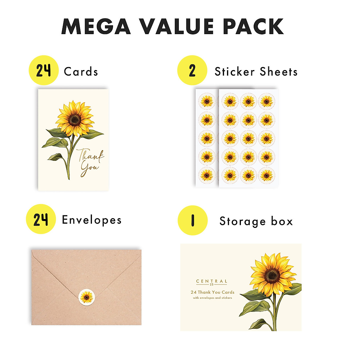 CENTRAL 23 Thank You Cards Pack - Sunflower - Foiled Yellow Gold - Set Of 24 Multipack - Elegant Flowers - Small Thank You Notes With Envelopes - Blank Inside - Classic Designs For Women