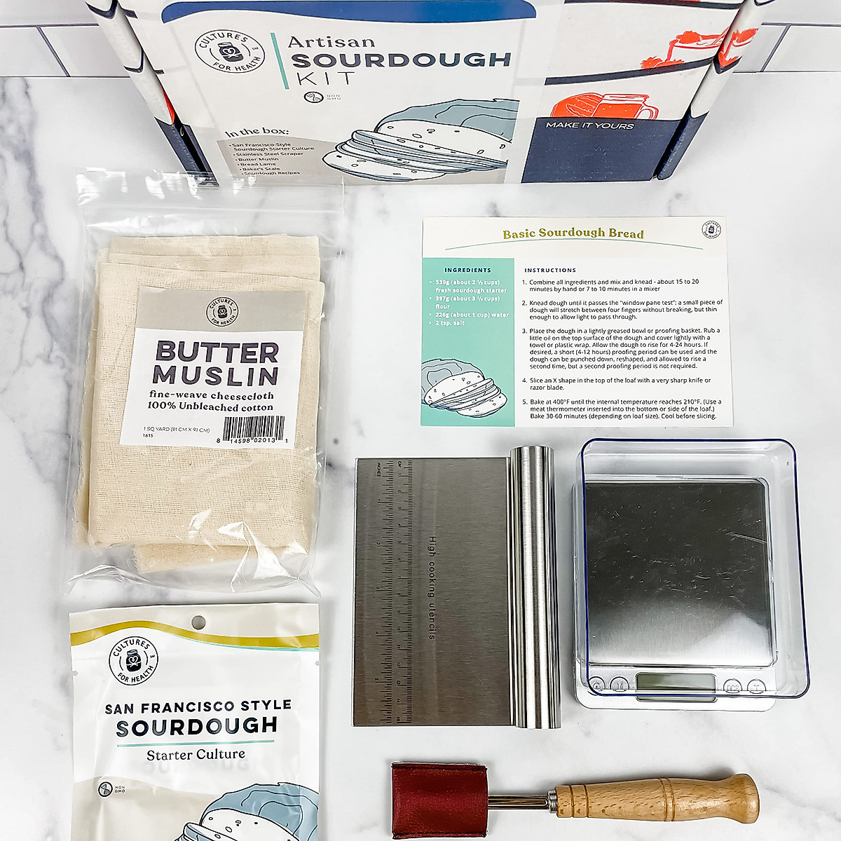 Cultures for Health Artisan Bread Making Kit | 5 Piece DIY Kit Includes San Francisco Sourdough Starter, Baker's Scale, Bread Lame, Dough Scraper, & Butter Muslin | Sourdough Bread Baking Supplies