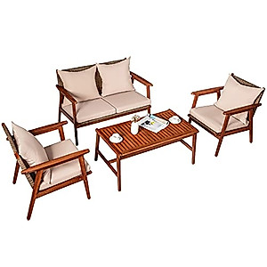 LIRUXUN 8PCS Patio Rattan Furniture Set Acacia Wood Frame Cushioned Sofa Chair Garden Coffee Table