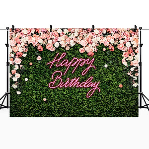 Riyidecor Green Leaves Happy Birthday Backdrop for Women Neon Flower Wall Pink Rose Floral Blossom Botanical Plant Nature 7Wx5H Feet Girls Photography Background Birthday Photo Studio Shoot Fabric