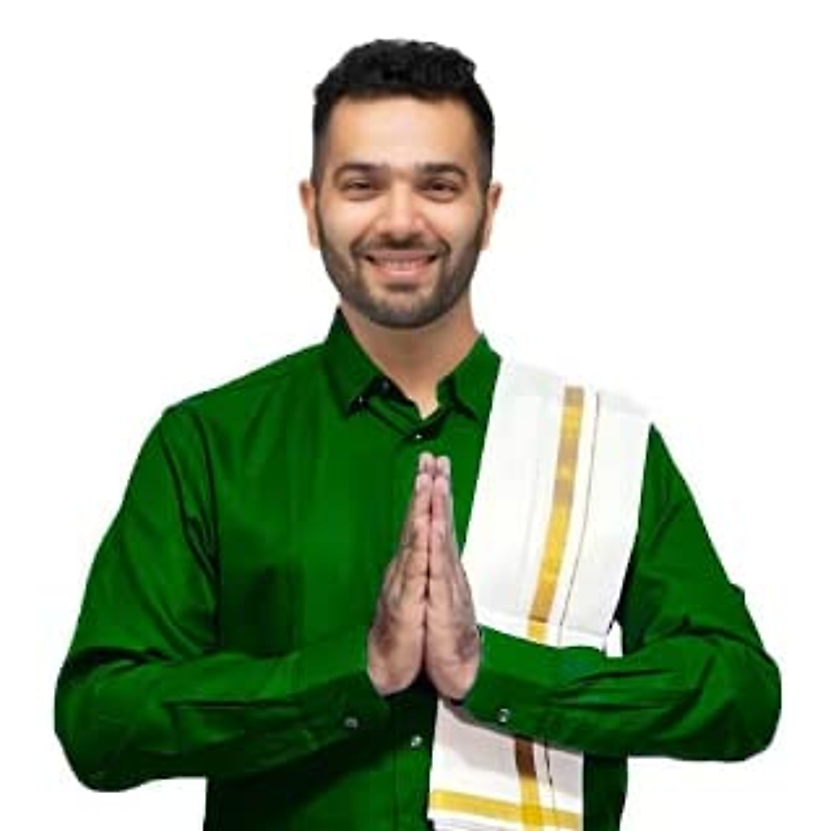 Angavastram Cotton Traditional Pooja Angvastra Towel Gamcha Shaluva Kanduva Kasavu for Religious Occasion Wedding New Year Temple Puja Rituals Housewarming (Cream with Gold Zari Border)