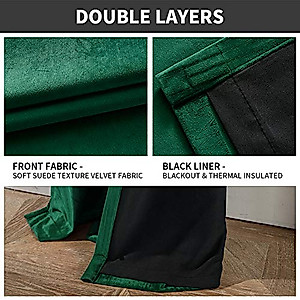 Melodieux 100% Blackout Velvet Curtains for Bedroom Living Room - Super Soft - Thermal Insulated Drapes with Black Liner, 52 by 84 Inch, Green (2 Panels)