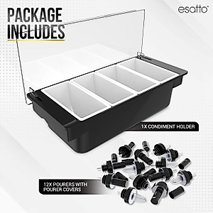 Esatto Bar Products Condiment Holder for Serving Container Chilled Garnish Tray with Lid for Bar Caddy, 4-1 Pint Inserts, With Added 12 Liquor Bottle Pourers, and 12 Pourer Covers - Black