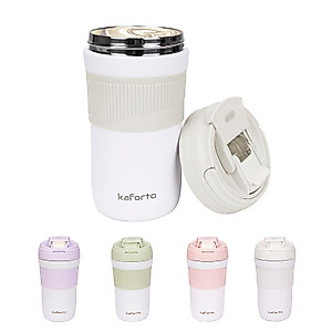 kaforto Travel Coffee Mug 15 oz, Insulated Coffee Cups with Flip Lid, Stainless Steel Coffee Mugs Spill Proof, Double Wall Vacuum Tumblers, Reusable To Go Mug for Hot/Ice Coffee Tea - 450ml, White