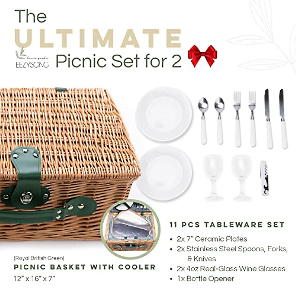 Handmade Wicker Picnic Basket for 2 with Insulated Cooler, Ceramic Plates, Utensils & Wine Glasses - Perfect Picnic Set for Camping, Outdoors, Photoshoot, or a Birthday, Valentine’s Day, Wedding Gift
