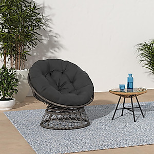 KROFEM 37" Wicker Papasan Circle Chair 360° Swivel, Indoor Outdoor Furniture, Ideal for Teenagers, Frame with Black Thick Cushion