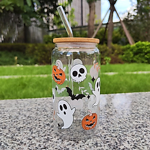 WECACYD Halloween Pumpkin Ghost Skull Cups - 16 oz Pumpkins Fall Cup Mug, Tumbler Glass Cups with Lids Straws, Spooky Cups for Iced Coffee, Goth Spooky Gifts for Her, Halloween Gifts for Women