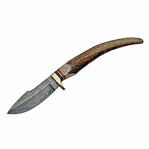 SZCO Supplies 8" Stag Grip Damascus Steel Outdoor Hunting Knife with Sheath, Brown, One Size, DM-1029