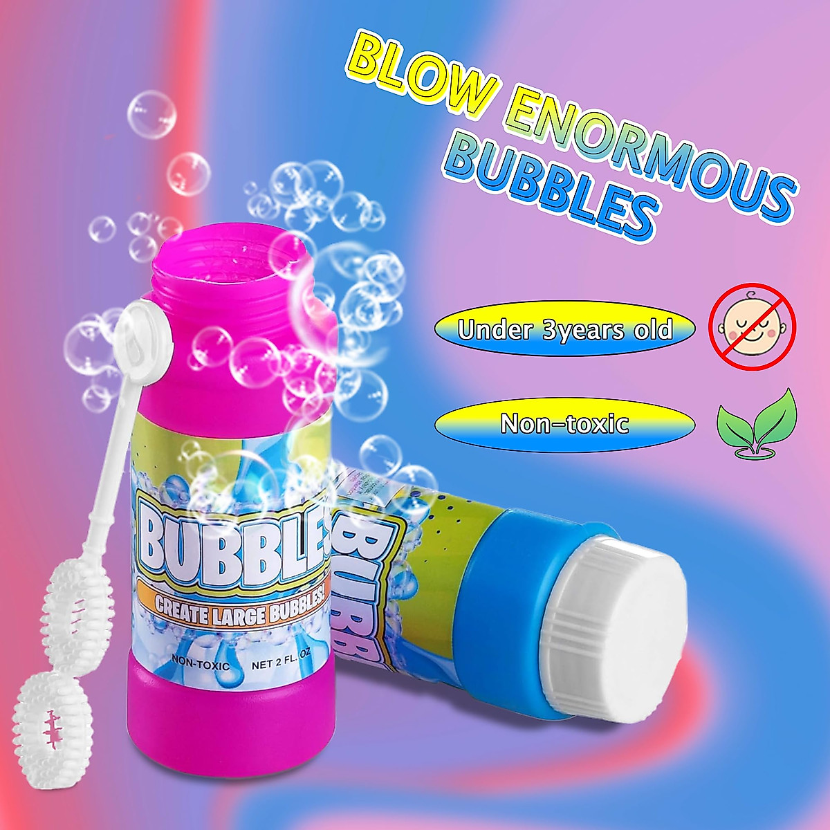 Party Bubbles for Kids - (Bulk Pack of 24) 2-oz Bubbles Bulk Solution with Bubble Wands Assorted Neon Colors for Outdoor Toys Summer Games, Birthday Kids Party Favors, & Goodie Bags Stuffers for Kids