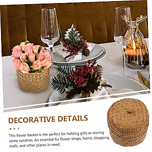 Ciieeo Flower Basket Mini Planters Circle Tray Decor Handmade Woven Basket Wicker Desktop Decor Kids Storage Bin Tabletop Decor Wedding Decor Seagrass Flower Pot Shelf Seaweed Child Round