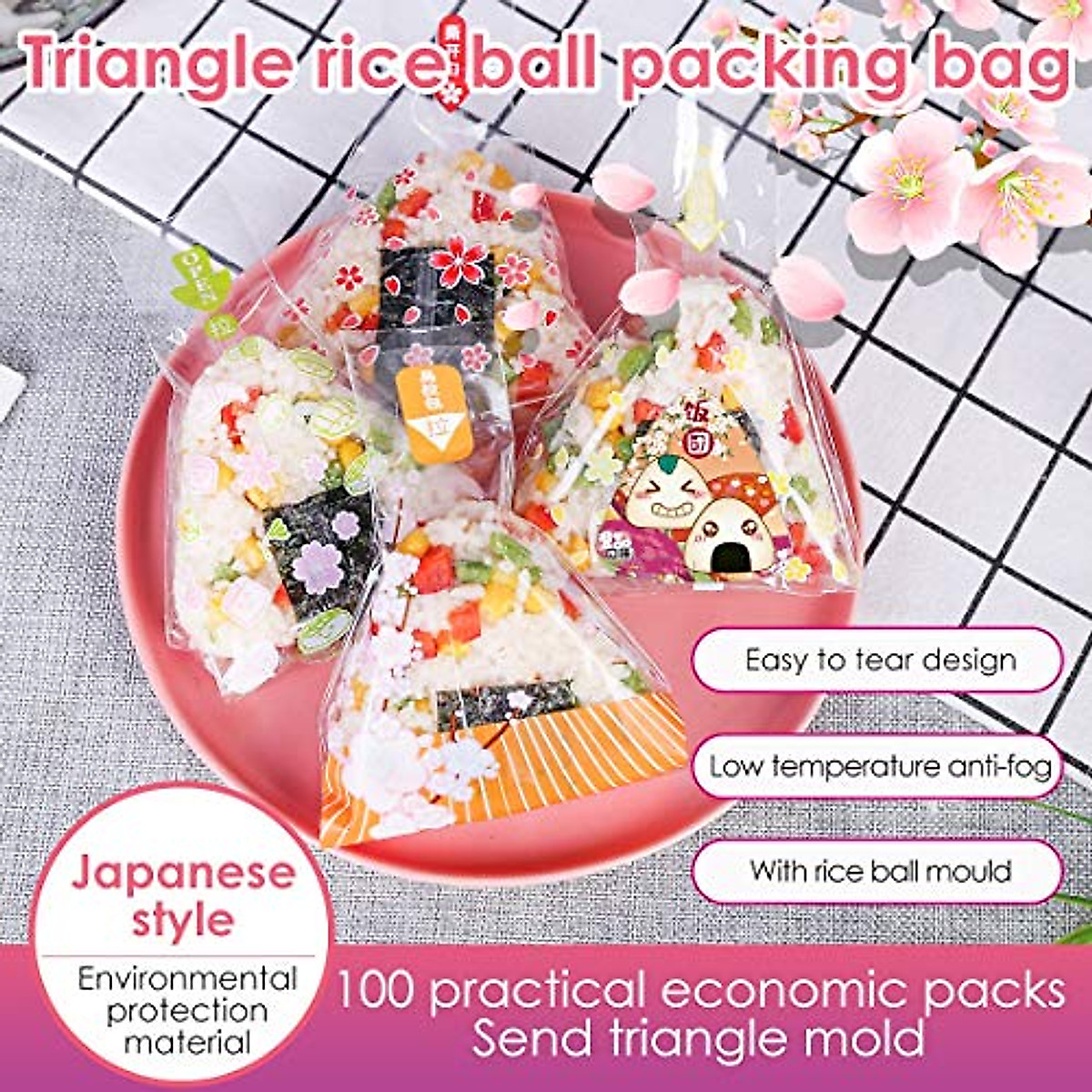 Onigiri Mold, Cute food bag Fashionable sushi bag rice ball packing bag Anti-fog bag Easy tear Sushi packaging bag 100pcs Send stickers 2 triangle molds