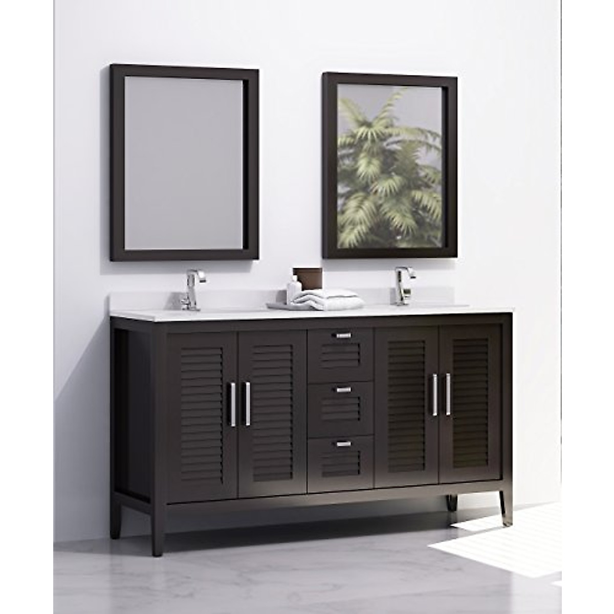 Hispania bath Madrid 60-inches Double Sink Bahtroom Vanity Solid Wood, Espresso, Cabinet, Crema Marfil Quartz Countertop and Double White Ceramic Undermount Sink, Made in Spain (European Brand)