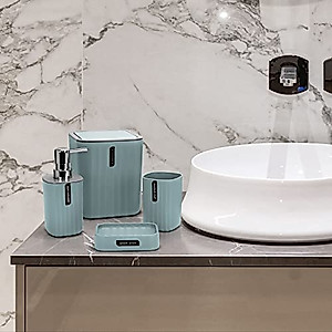 IMAVO Bathroom Accessory Set,4-Piece Bathroom Decor Set,Soap Dish,Soap Dispenser,Toothbrush Cup,Mini Trash Can with Lid,Bathroom Accessories Set Complete with Small Desktop Trash Can(Blue)