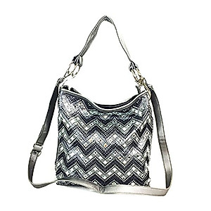 Zzfab Sparkle Gem Chevron Rhinestone Hobo Bag with Extra Shoulder Strap -Dark Pewter