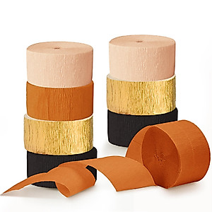 NICROHOME Thanksgiving Party Decorations, 8 Rolls Gold Orange Crepe Paper Streamers, Black Tassels Paper for Retro Parties, Birthday, Harvest Party Supplies, Fall Wedding Party Decorations