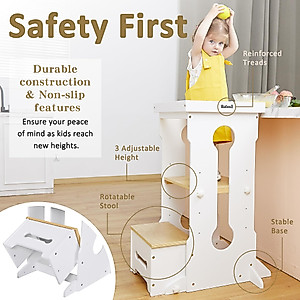 Bateso Wooden Toddler Tower with 2 Detachable Nets, Adjustable Height Kids Kitchen Step Stool, Toddler Standing Tower for Kitchen Counter, Montessori Kitchen Stool Helper for Kids 1-6